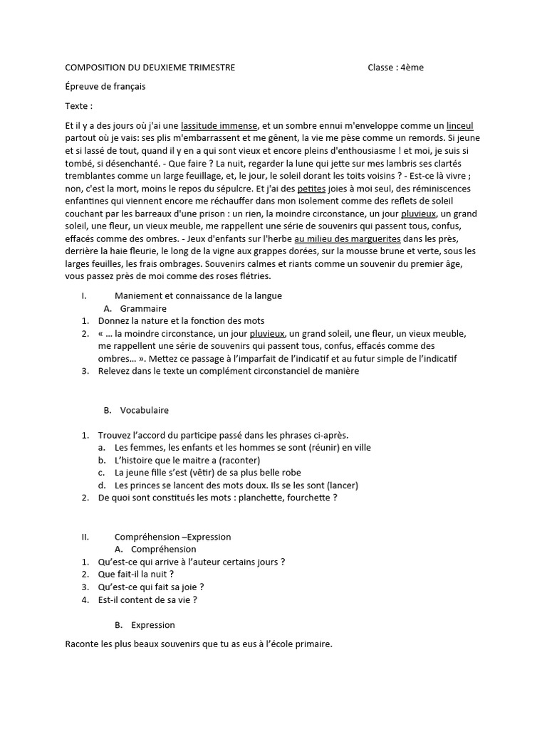 Composition Du Deuxieme Trimestre 4ème | PDF
