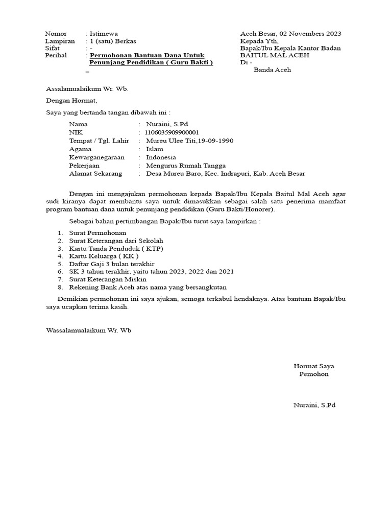 Surat Permohonan Guru Baitul Mal | PDF Surat Permohonan Guru Baitul Mal | PDF