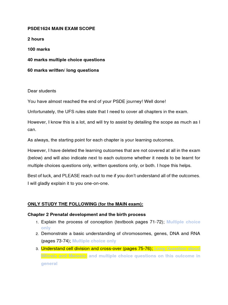 PSDE1624 Main Exam Scope 2023 | PDF | Adolescence | Early Childhood