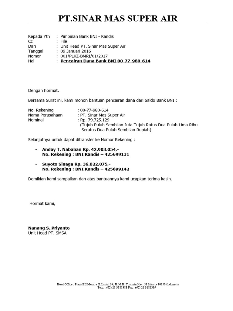Surat Ke Bank BNI - Kandis | PDF