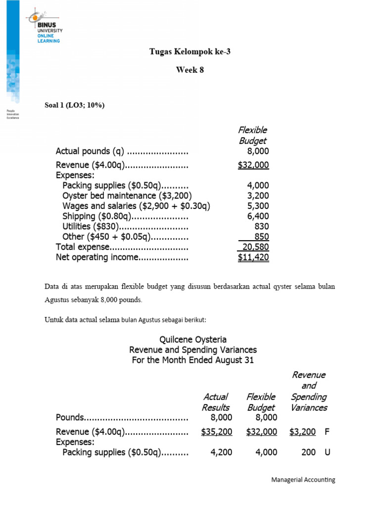 Tugas Kelompok Ke-3 Week 8: Flexible Budget | PDF | Revenue | Expense