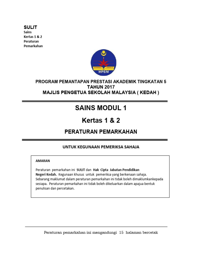2017 SPM Trial Paper Science (Paper 1 & 2 Set 1 - Answer) Kedah | PDF