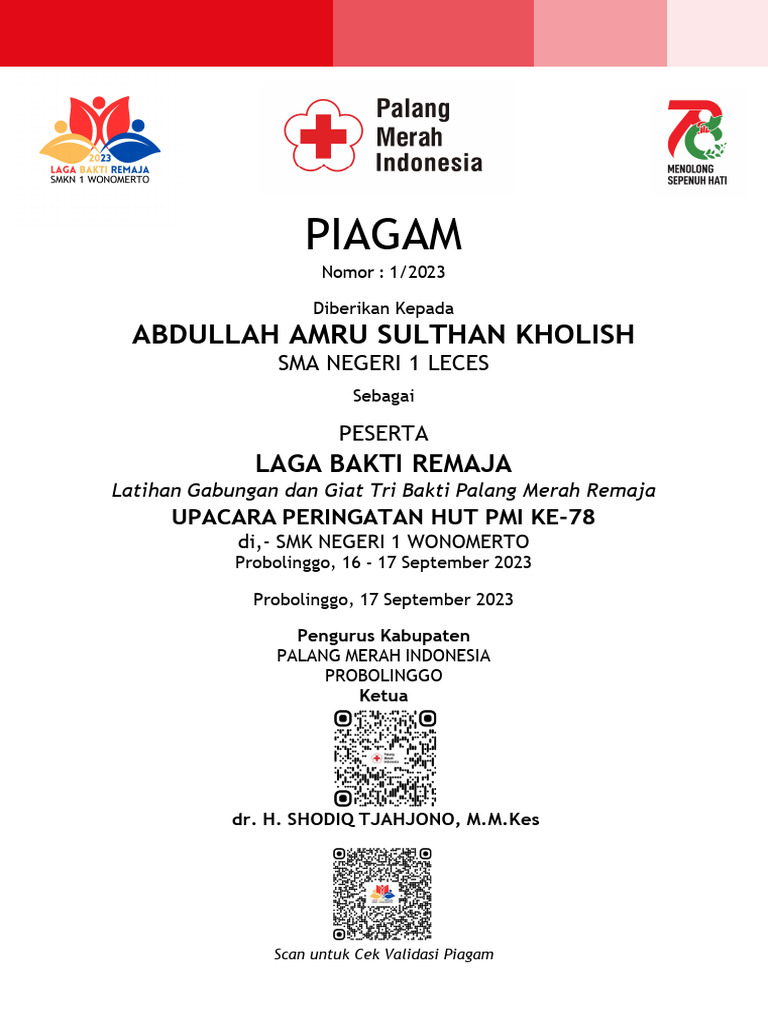 Piagam Laga Bakti Remaja - QR Validasi Fix | PDF