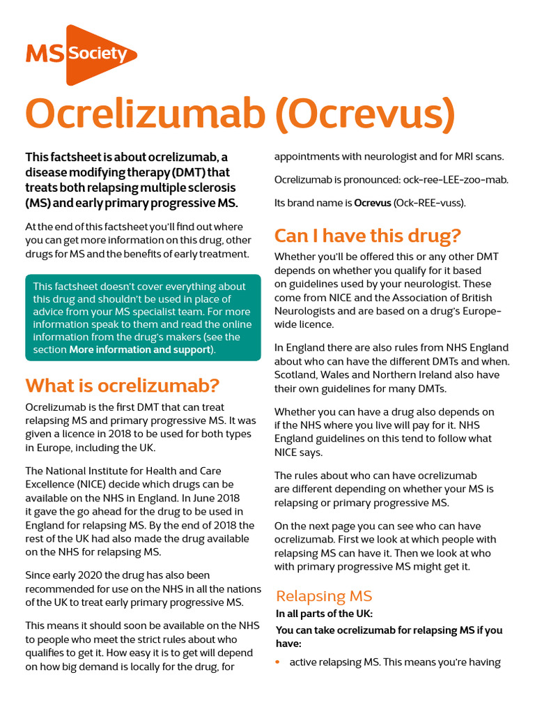 Ocrelizumab Ocrevus Factsheet May 2020 | PDF | Multiple Sclerosis | Immunology