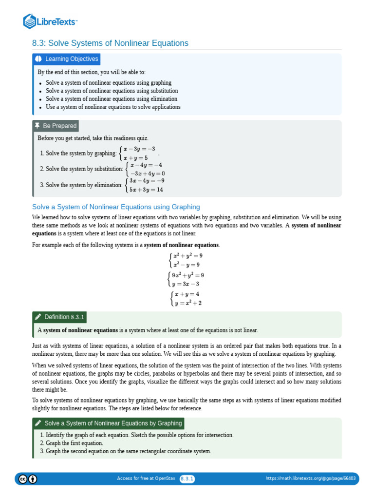 8.3: Solve Systems of Nonlinear Equations: Learning Objectives | PDF