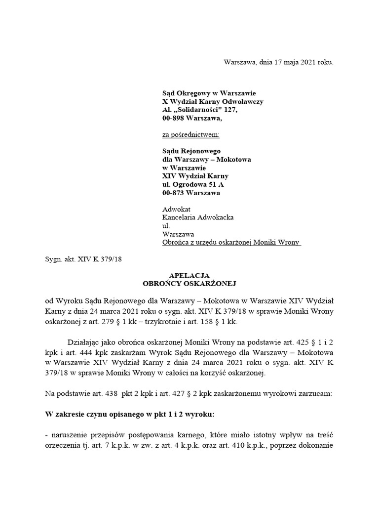 Apelacja Karna Monika Wrona | PDF