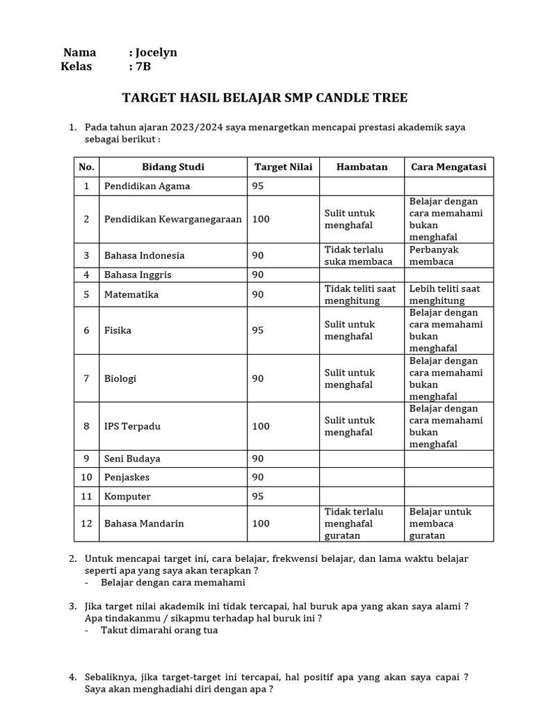Target Akademik Jocelyn Kelas 7B | PDF