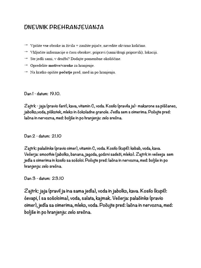 Dnevnik Prehranjevanja | PDF