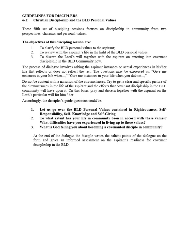 GUIDELINES for DISCIPLERS 6.1 Christian Discipleship and BLD Personal Values 1 | PDF