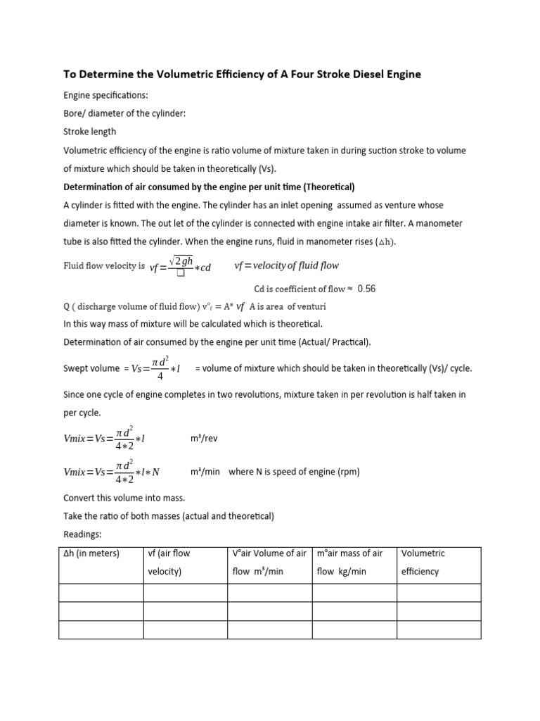 EXP 7 To Determine The Volumetric Efficiency of A Four Stroke Petrol ...