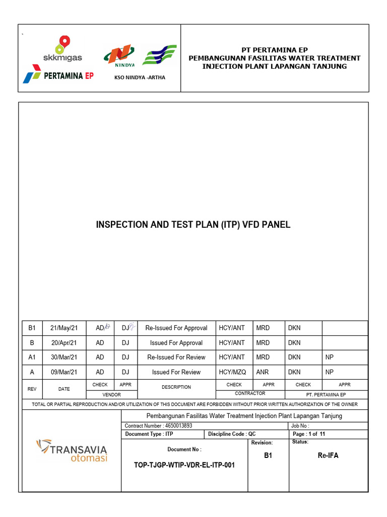 Top-tjgp-wtip-Vdr-el-itp-001 Rev.b1 Inspection and Test Plan (Itp) VFD ... Top-tjgp-wtip-Vdr-el-itp-001 Rev.b1 Inspection and Test Plan (Itp) VFD ...