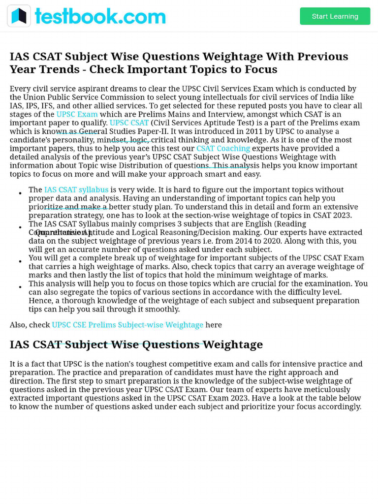 IAS CSAT Subject Wise Questions Weightage With Previous Year Trends ...