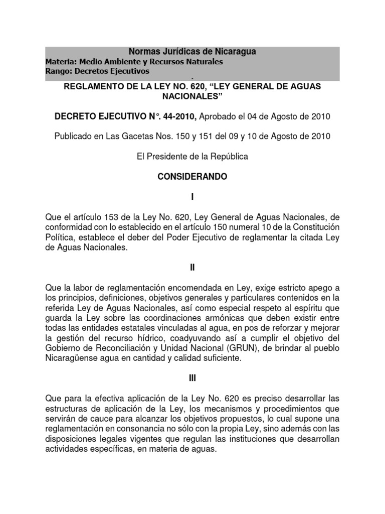 Decreto 44-2010 Reglamento de La Ley No. 620, Ley General de Aguas ... Decreto 44-2010 Reglamento de La Ley No. 620, Ley General de Aguas ...