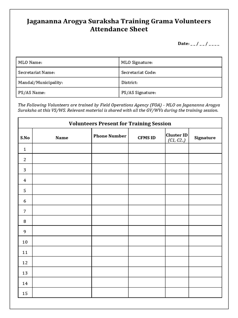 Jagananna Arogya Suraksha Training - Volunteer Attendance Sheet | PDF