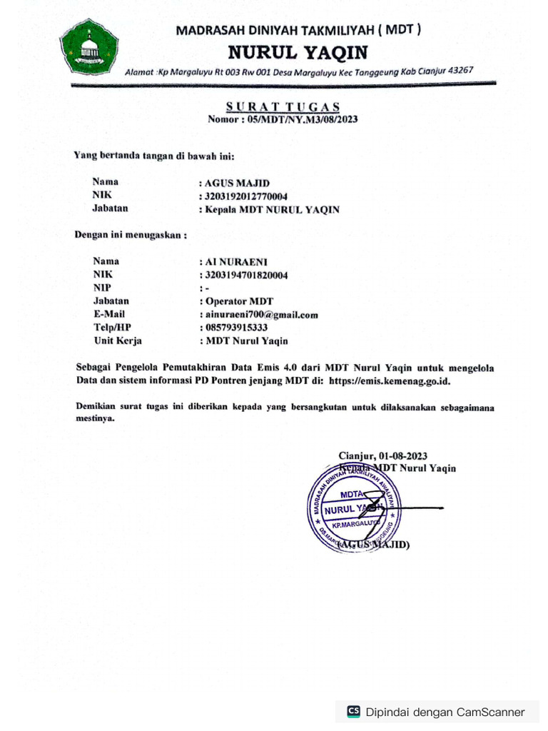 Surat Tugas Operator MDT Nurul Yaqin | PDF