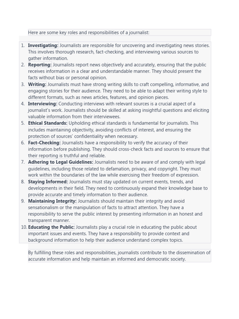 Key Responsibilities of Journalists | PDF