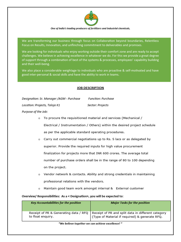 Sr. Manager - AGM - Purchase JD Format (R1) | PDF | Procurement | Business