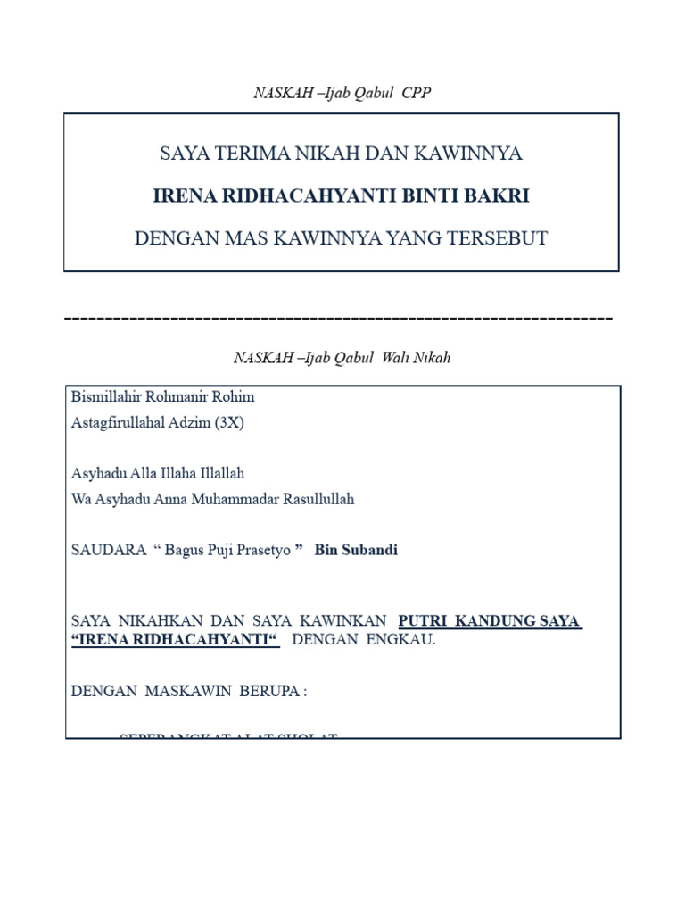 NASKAH IJAB QABUL, IZIN NIKAH, SAMBUTAN - Iren Bagus | PDF