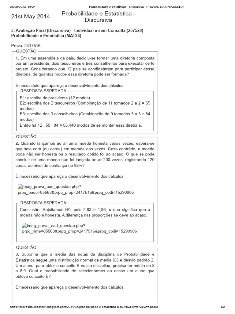 Probabilidade e Estatística - Discursiva - PROVAS DA UNIASSELVI | PDF