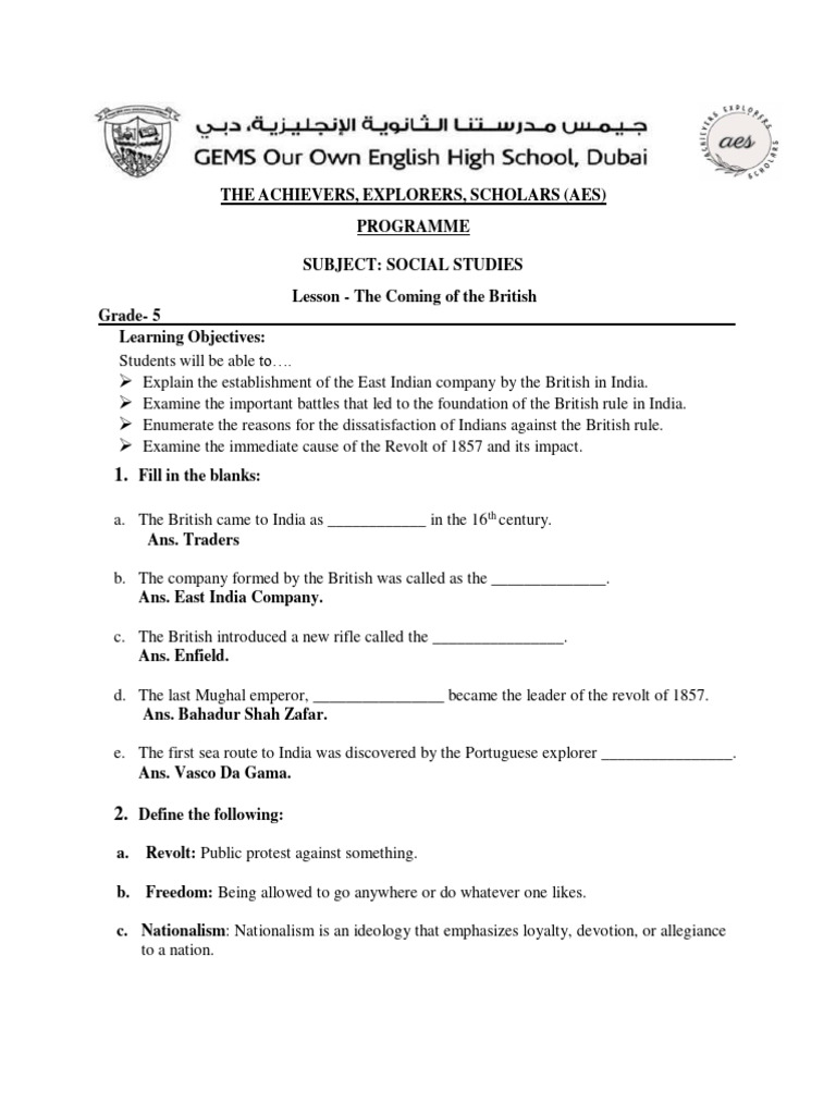 The Coming of The British Worksheet | PDF | Indian Rebellion Of 1857 ...