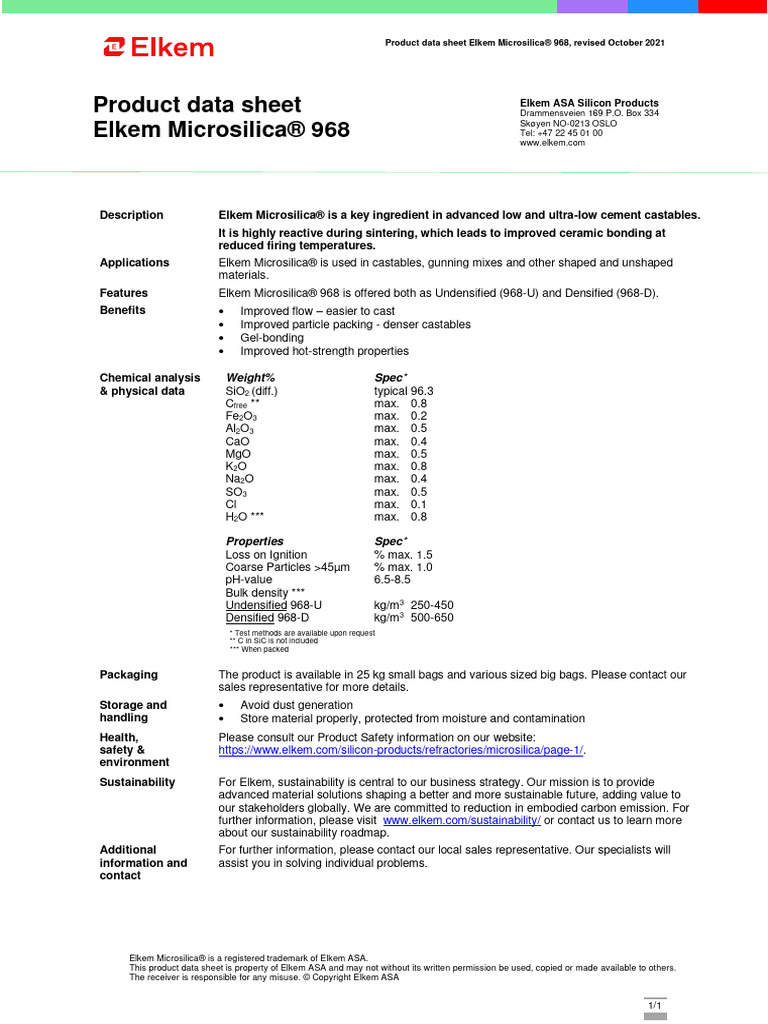 Elkem Microsilica 968 | PDF | Refractory | Sintering