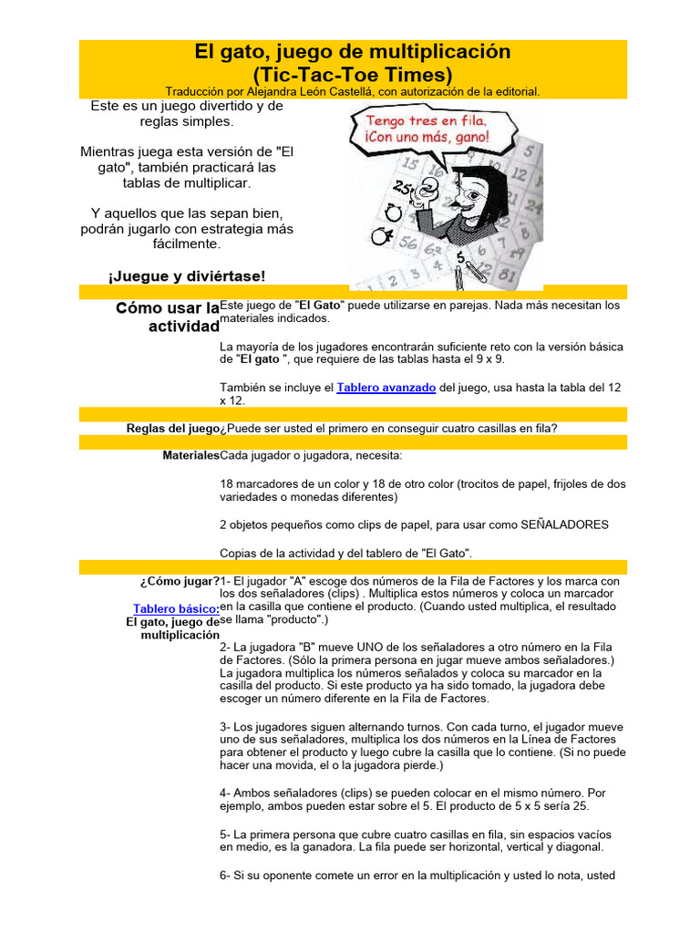 Juego "El Gato" para Multiplicaciones | PDF