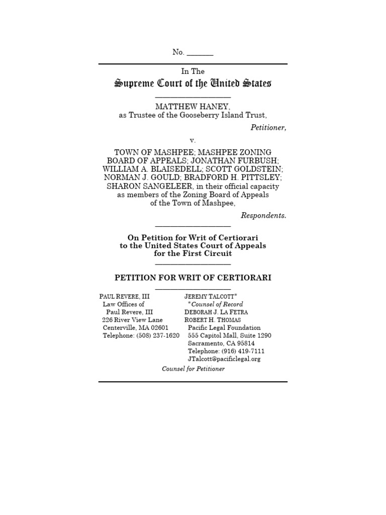 Petition For Writ of Certiorari, Haney v. Town of Mashpee, No. 23 - (U ...