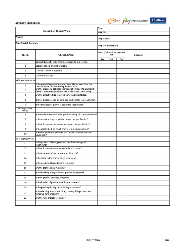 Checklist For Granite Work | PDF