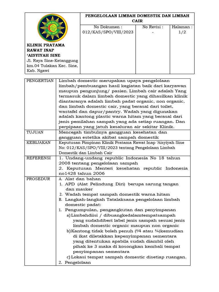 012.spo Pengelolaan Limbah Medis Dan Limbah Cair | PDF