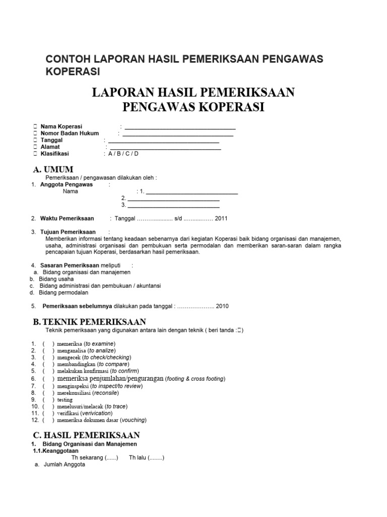Contoh Laporan Hasil Pemeriksaan Pengawas Koperasi | PDF