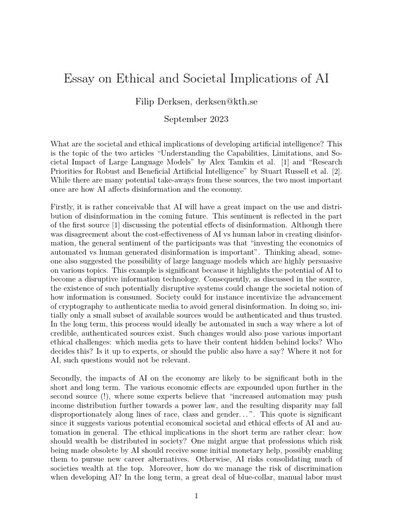 Essay On Ethical and Societal Implications of AI Filip Derksen | PDF