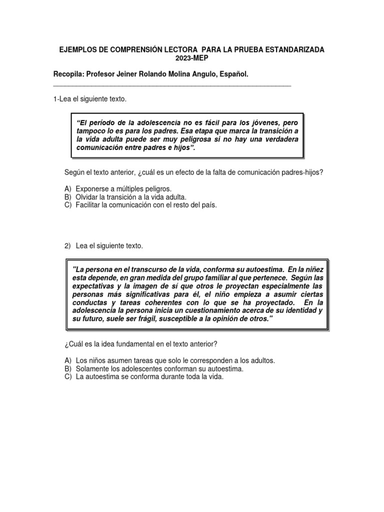 Práctica Comprensión Lectora Pruebas Est MEP 2023 Sexto | PDF | Humano ...