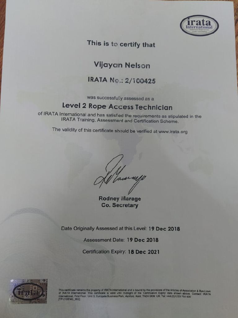 02. Vijayan N IRATA Certificate - 18.12.21 | PDF