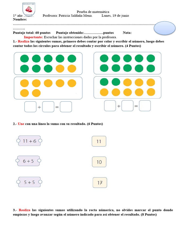 Prueba de Sumas y Restas 0-20 | PDF