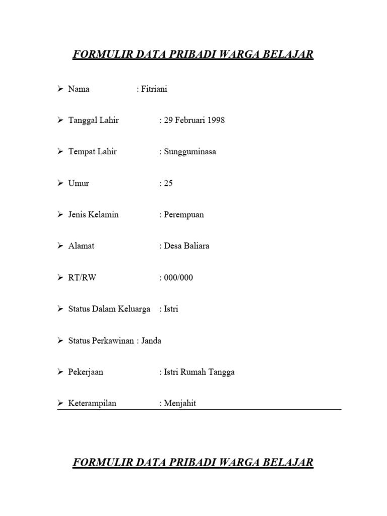 Formulir Data Pribadi Warga Belajar | PDF | Kesehatan Holistik