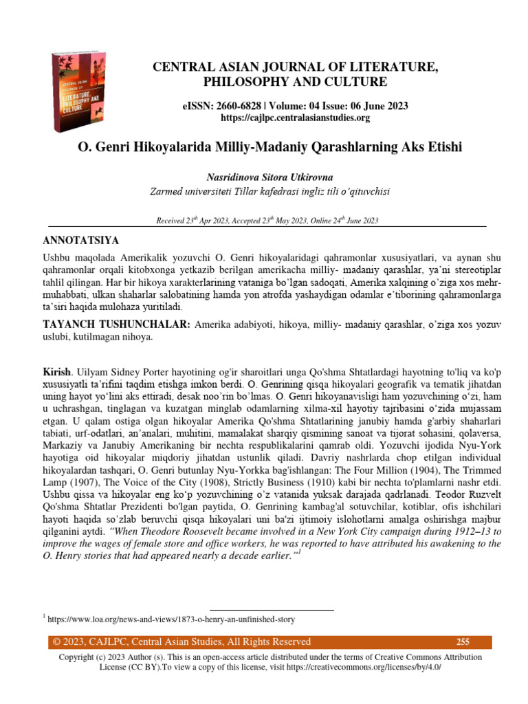 O. Genri Hikoyalarida Milliy-Madaniy Qarashlarning Aks Etishi | PDF