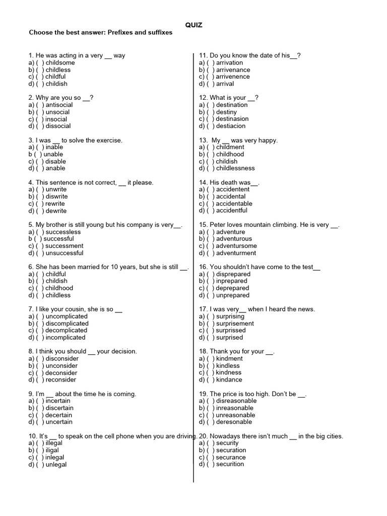 Prefixes and Suffixes Quiz Grammar Drills - 103823 | PDF