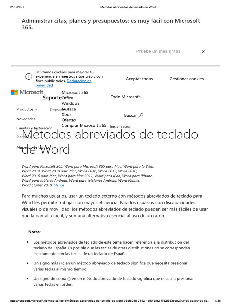 Métodos Abreviados de Teclado de Word 2016 | PDF