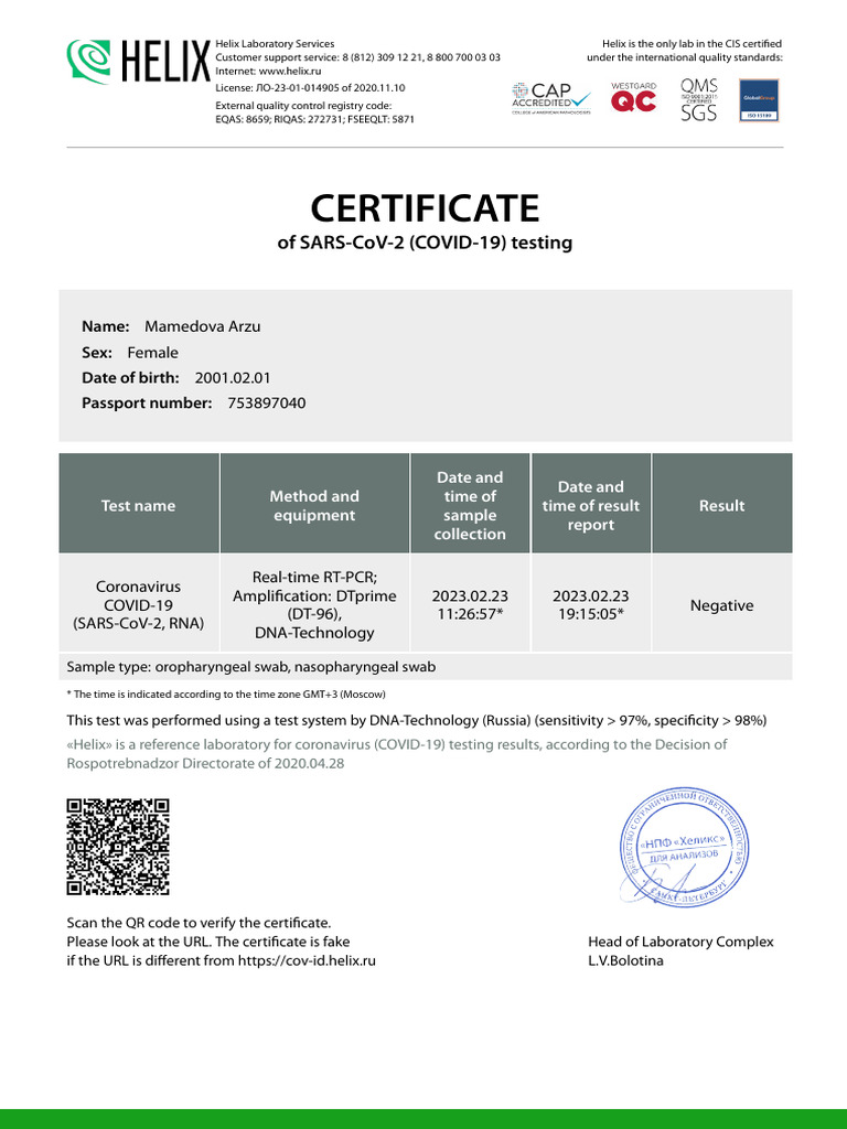 Certificate: of Sars-Cov-2 (Covid-19) Testing | PDF