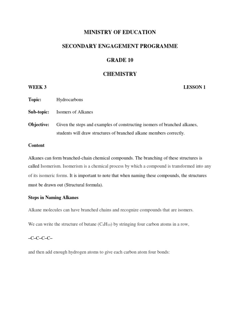 Grade 11 Chemistry Week 3 Lesson 1 | PDF | Alkane | Isomer