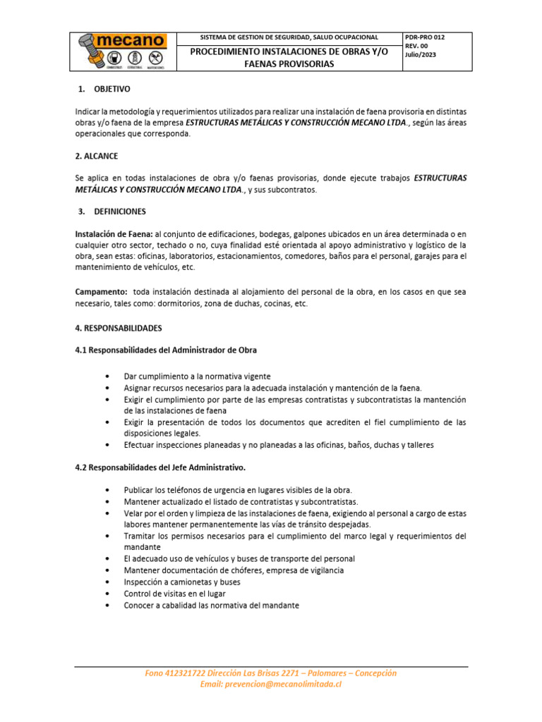 Pdr-Pro 012 Procedmiento de Instalacion de Faenas Provisorias | PDF | Seguridad y salud ...