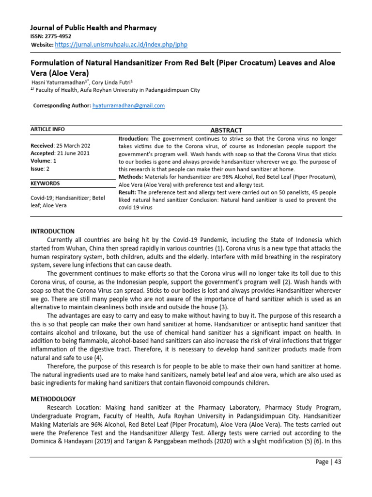 Formulation of Natural Handsanitizer From Red Belte | PDF | Allergy ...