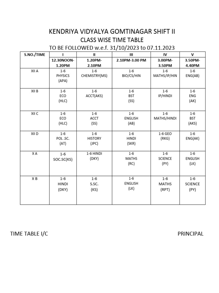 KV Gomtinagar Class 1-5 Timetable | PDF