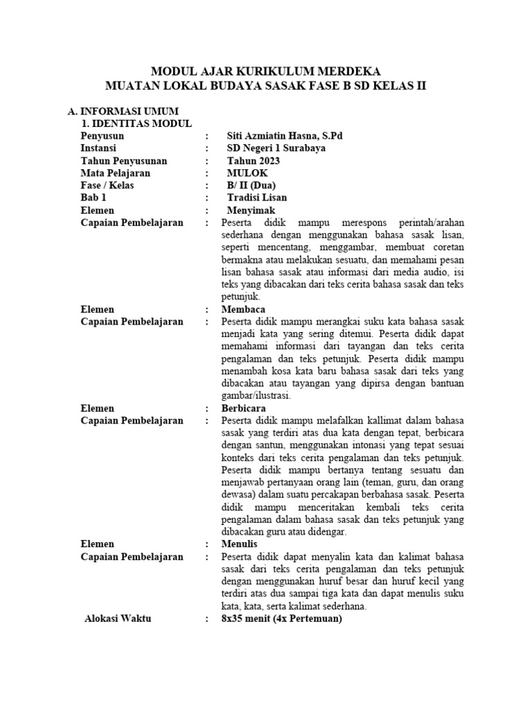 Modul Ajar Mulok Tradisi Lisan Kelas 4 | PDF