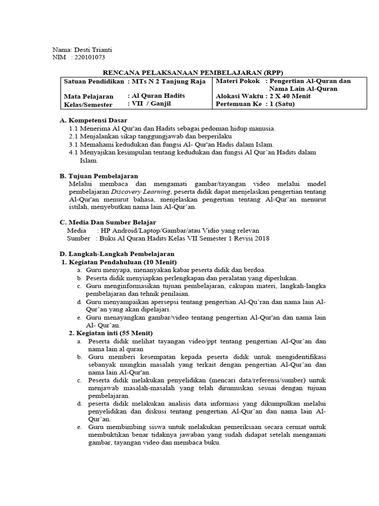 RPP 1 Lembar Al-Quran Hadist Kelas7 | PDF