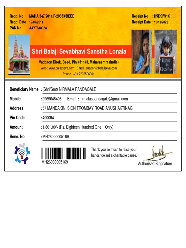 Balaji Donation Receipt for Nirmala Pandagale | PDF