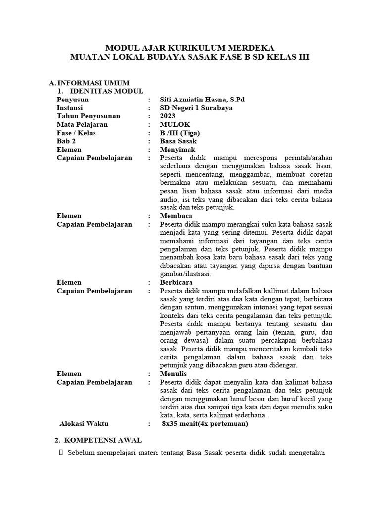 Modul Ajar Mulok Basa Sasak Kelas 3 | PDF