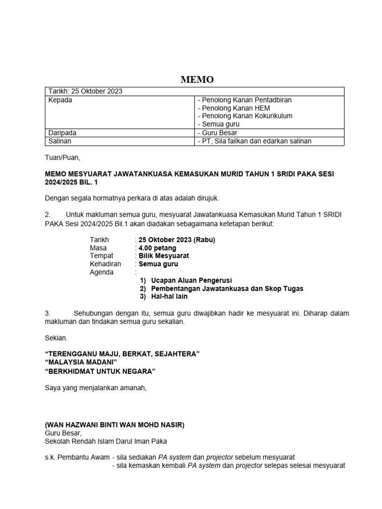 Memo Mesyuarat Kem Bestari Solat Sridi Paka 2023 Bil 1 2023 | PDF