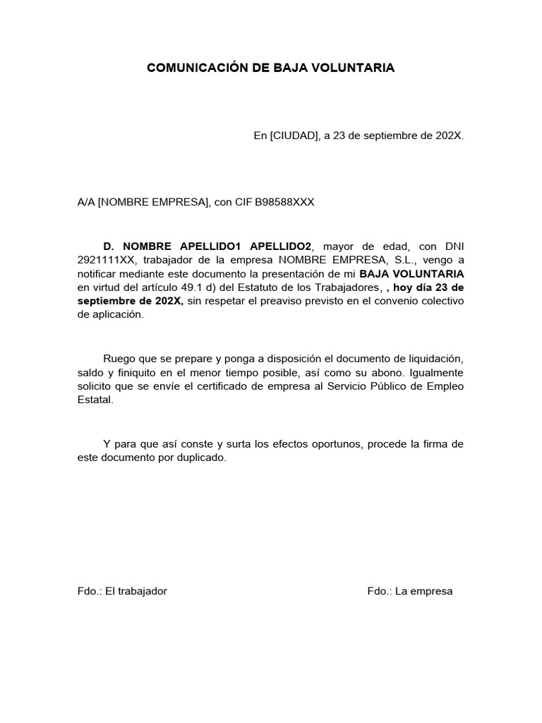 Carta Baja Voluntaria Sin Preaviso | PDF Carta Baja Voluntaria Sin Preaviso | PDF