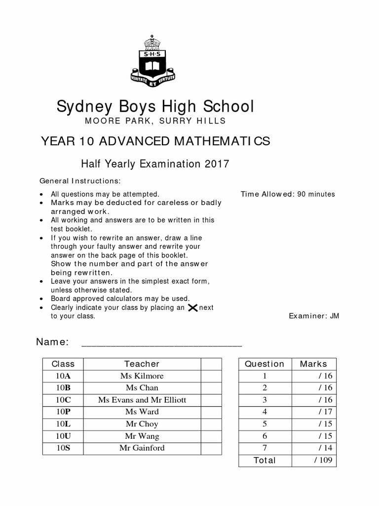 Year 10 Advanced Math Exam | PDF | Mathematics | Euclidean Geometry
